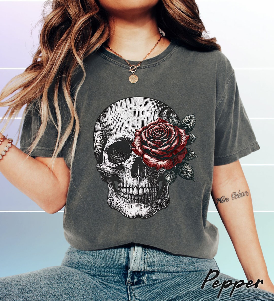 Skull Rose T-shirt, Skeleton Roses Tee, Floral Skull Shirt, Rose Skull ...
