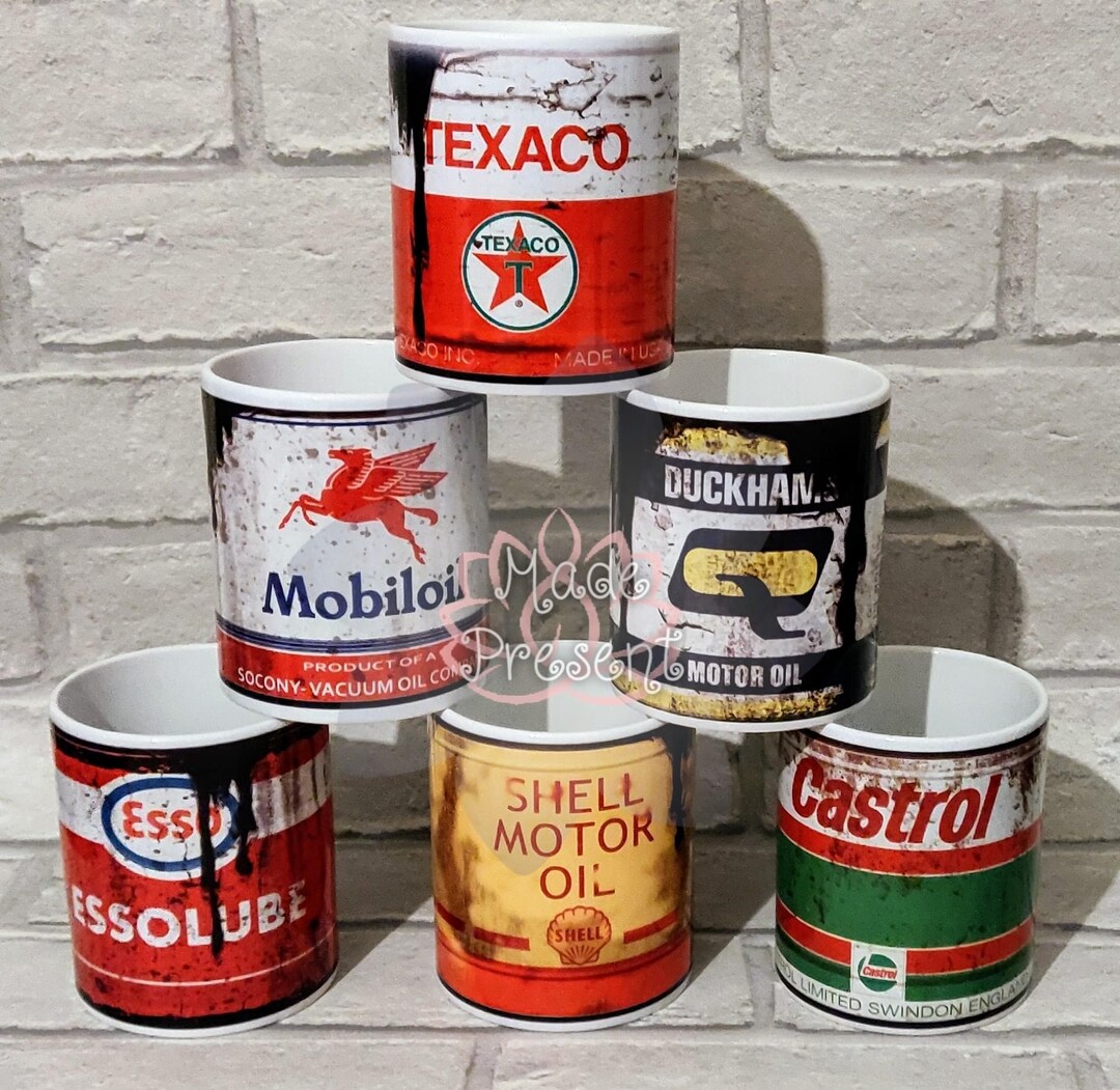 Retro Oil Mugs Coffee/tea Mug..castrol,texaco, Mobiloil, Shell, Esso ...