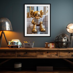 KAWS Poster Golden Figure on Toilet Reading Newspaper KAWS Wall Art for ...