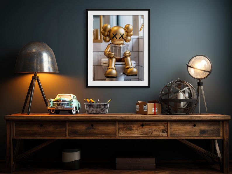 KAWS Poster Golden Figure on Toilet Reading Newspaper KAWS Wall Art for ...