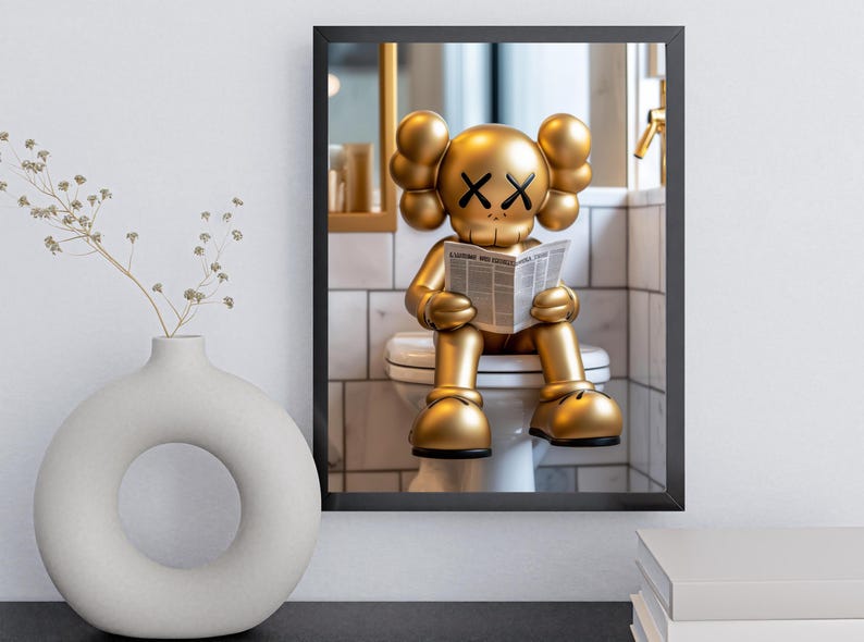 KAWS Poster Golden Figure on Toilet Reading Newspaper KAWS Wall Art for ...
