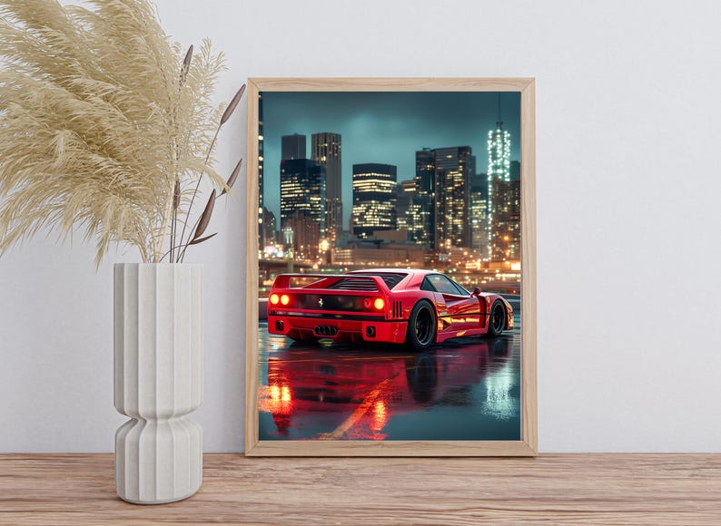 Ferrari F40 Poster in City Night Classic Supercar Art Print, Iconic Red ...