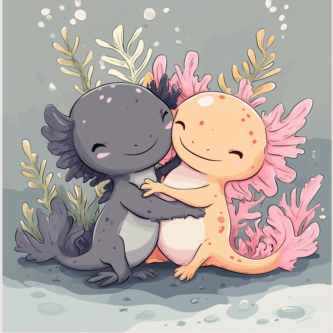 Adorable Pair of Axolotls Hugging Each Other Sticker Cute Pink and ...