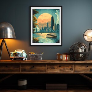 Vintage Chicago Skyline Poster With Hancock Tower, Boats, and Sunset ...