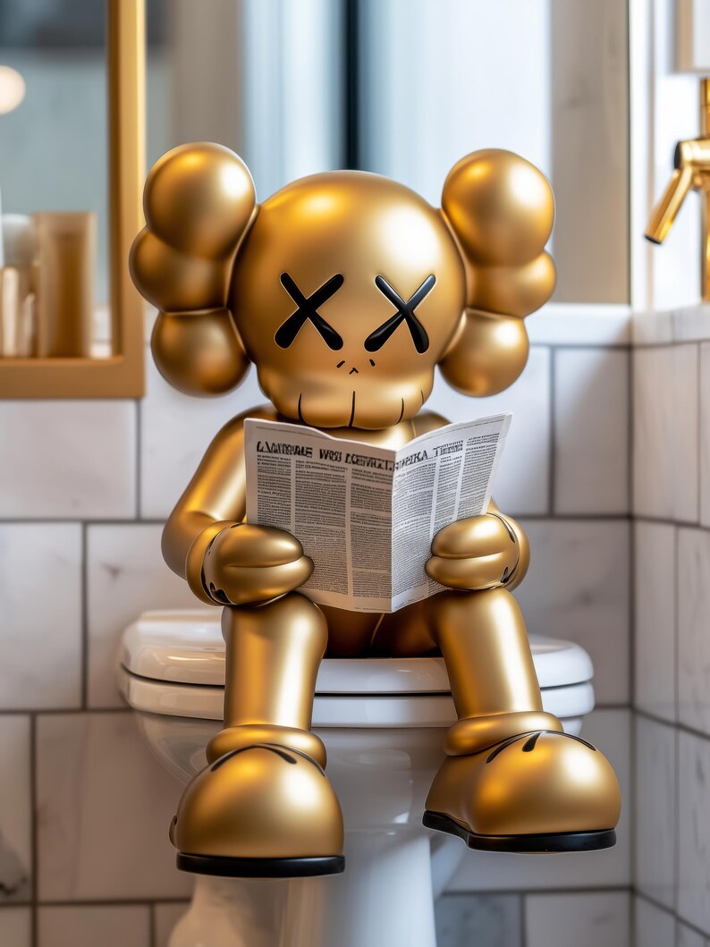 KAWS Poster Golden Figure on Toilet Reading Newspaper KAWS Wall Art for ...