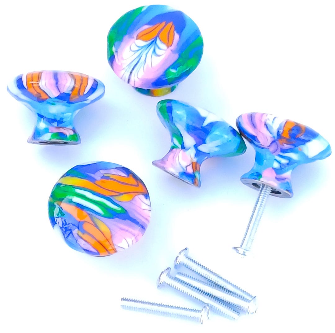 Five Decorated Brass Cabinet Handle Knobs 3x2 Cm Handmade Polymer Clay Bright Kaleidoscope ...