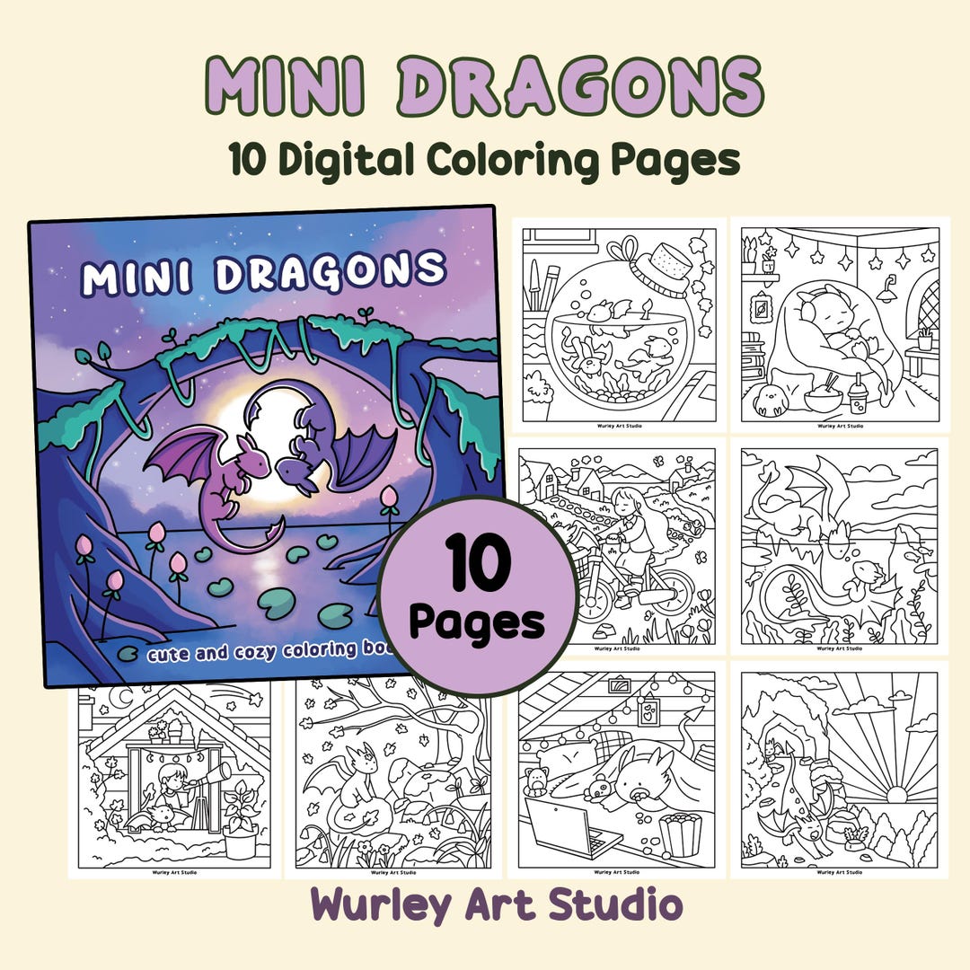 Mini Dragons - 10 Digital Coloring Pages by Wurley Art (PDF Download ...