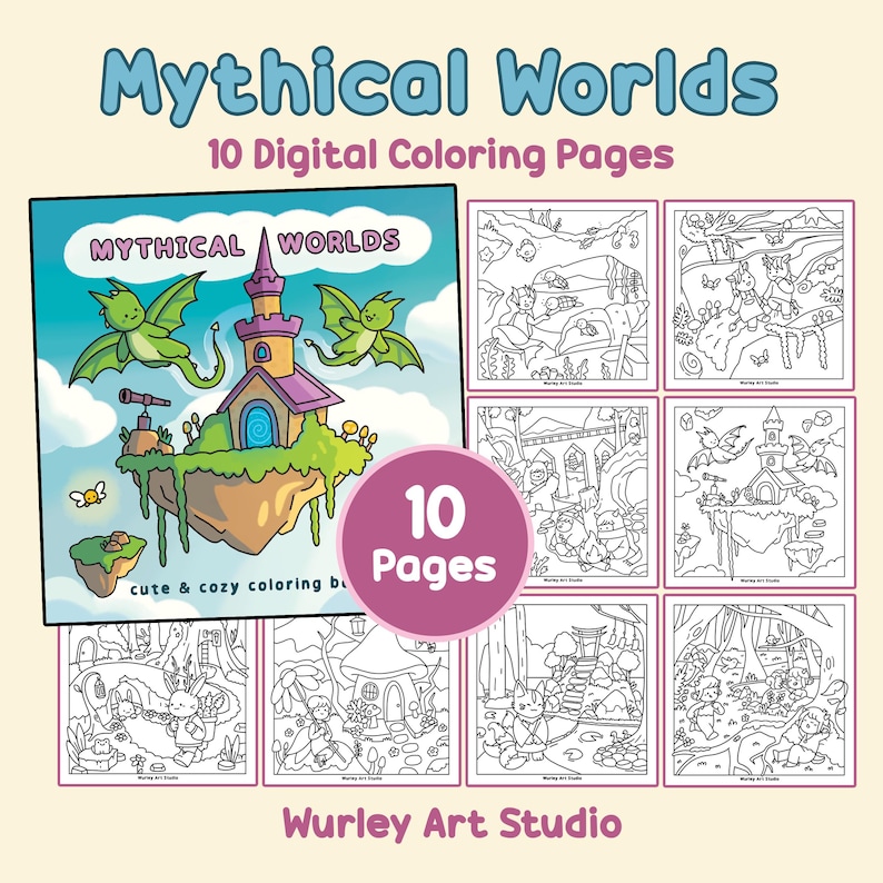 Mythical Worlds - 10 Digital Coloring Pages by Wurley Art (PDF Download ...