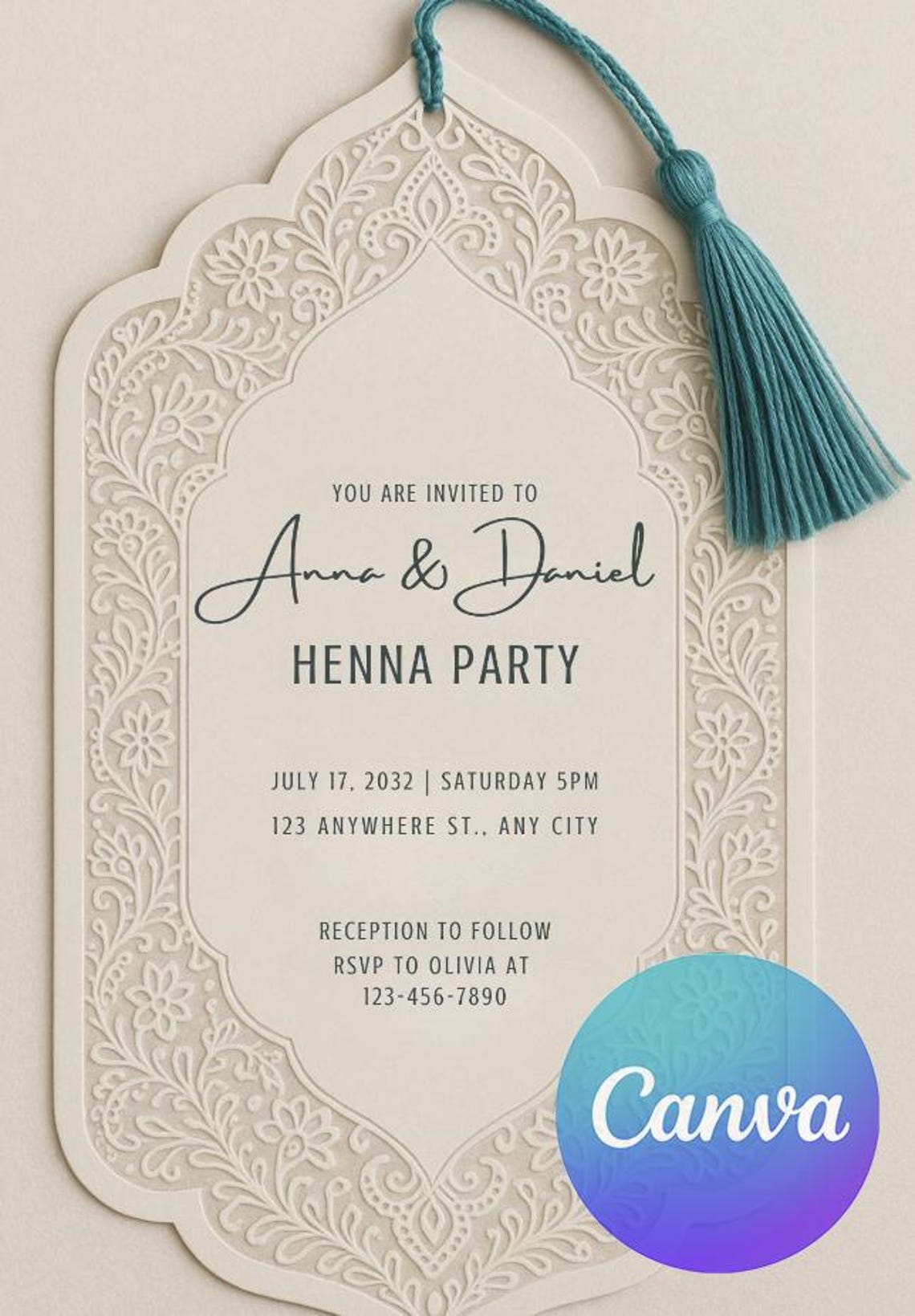 Henna Party Invitation | Ornate Arch Design | Elegant Teal Tassel ...