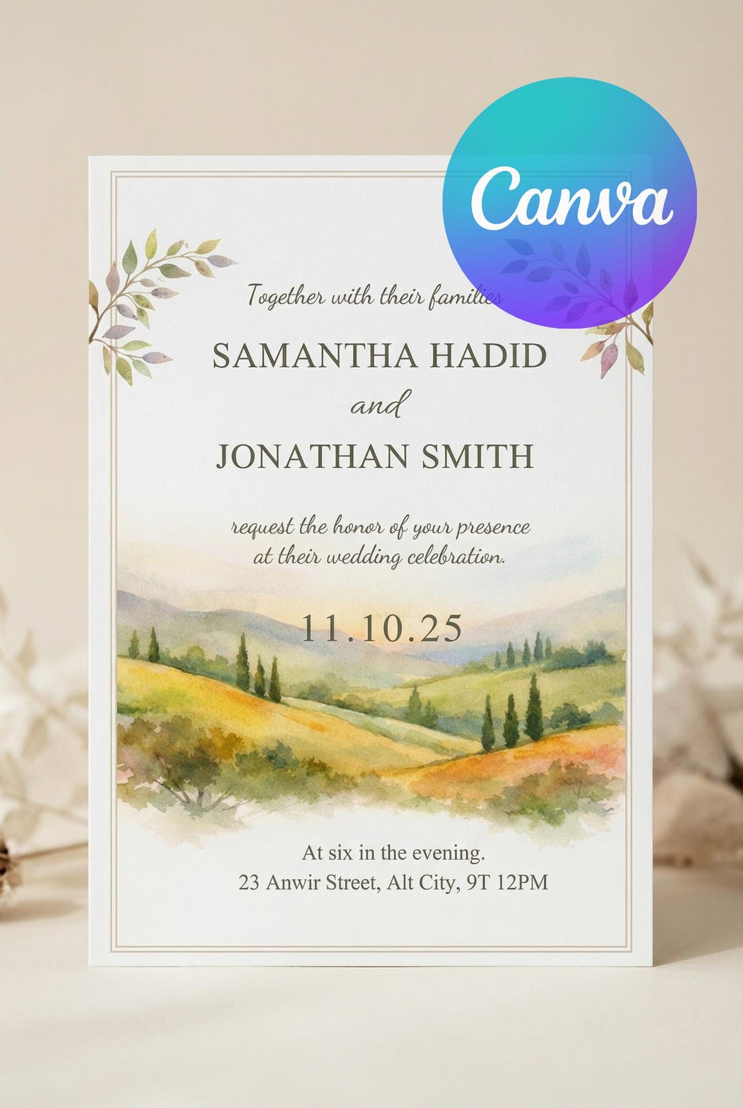 Elegant Landscape Wedding Invitation | Romantic Watercolor Hills ...