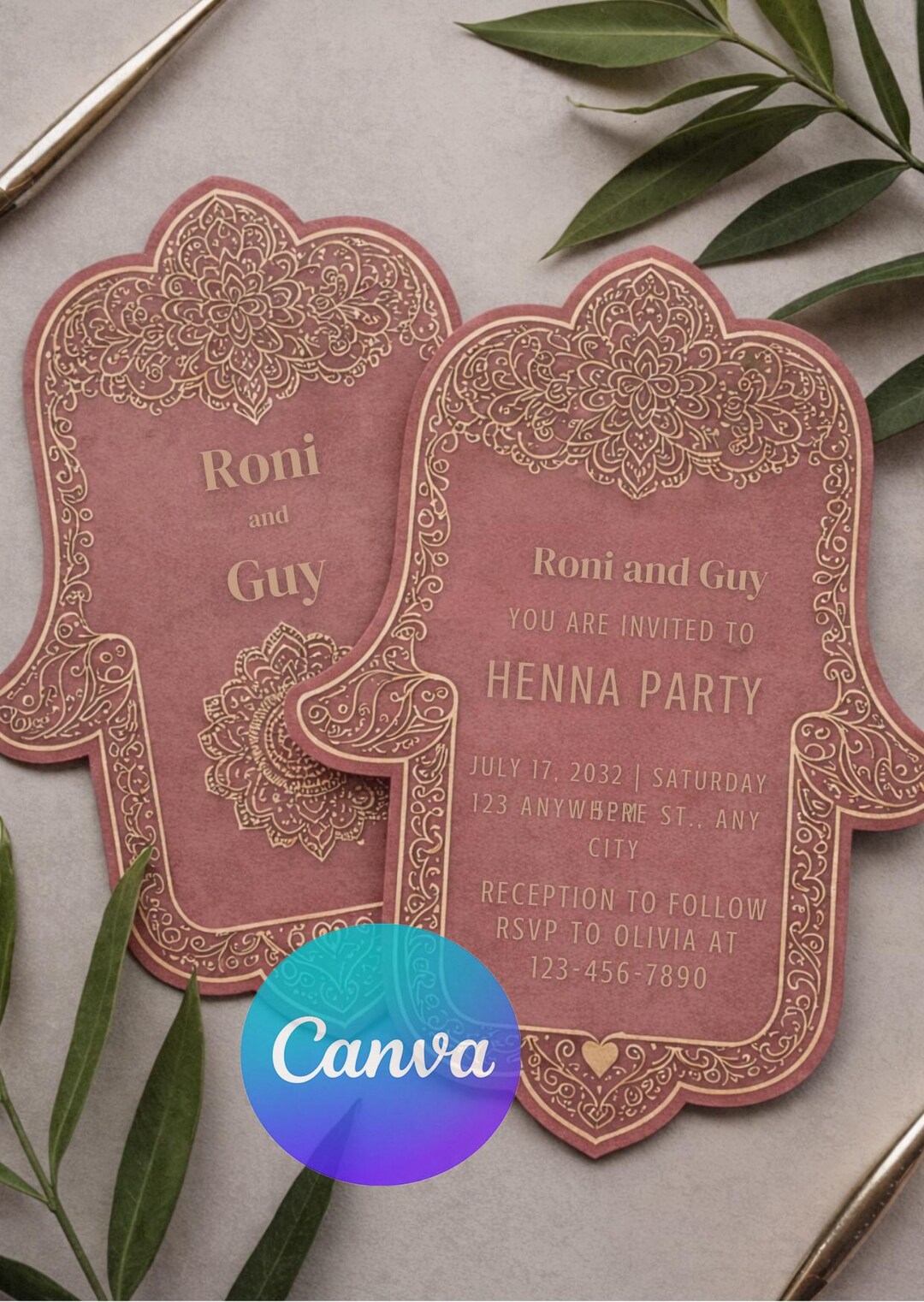 Hamsa Wedding Celebration | Elegant Gold Mandala | Editable Canva ...
