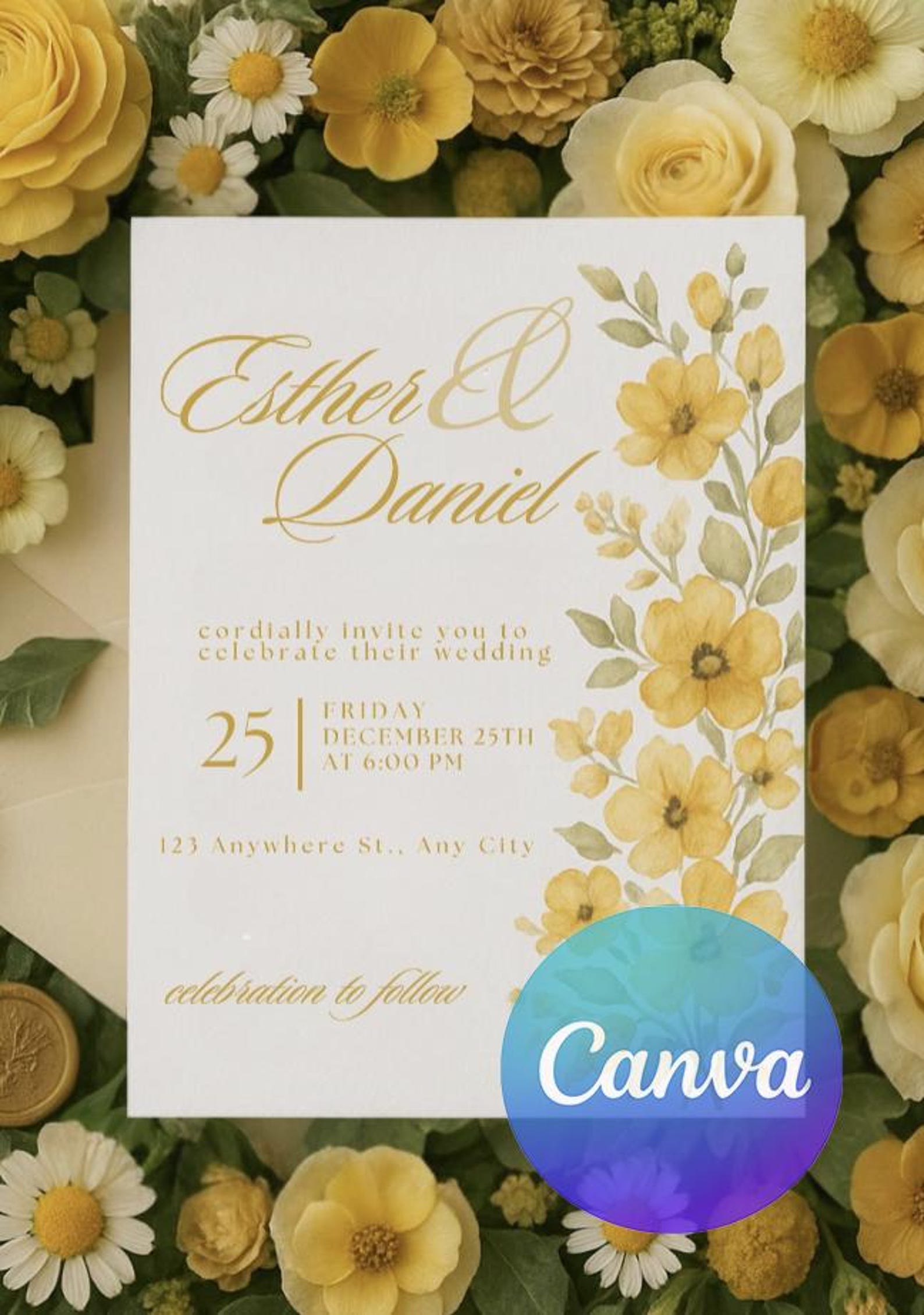 Yellow Floral Wedding Invitation | Digital Download - Etsy
