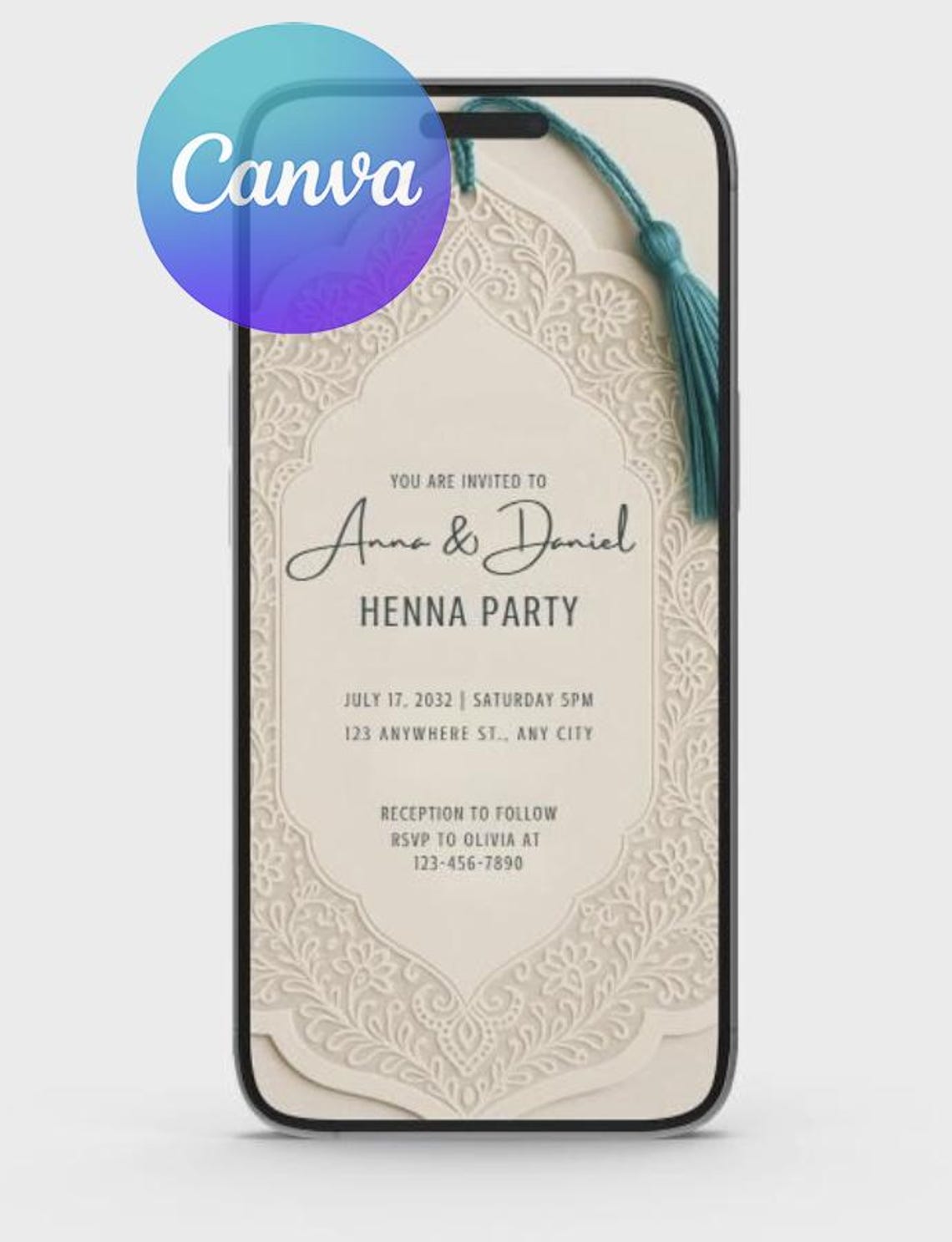 Henna Party Invitation | Ornate Arch Design | Elegant Teal Tassel ...