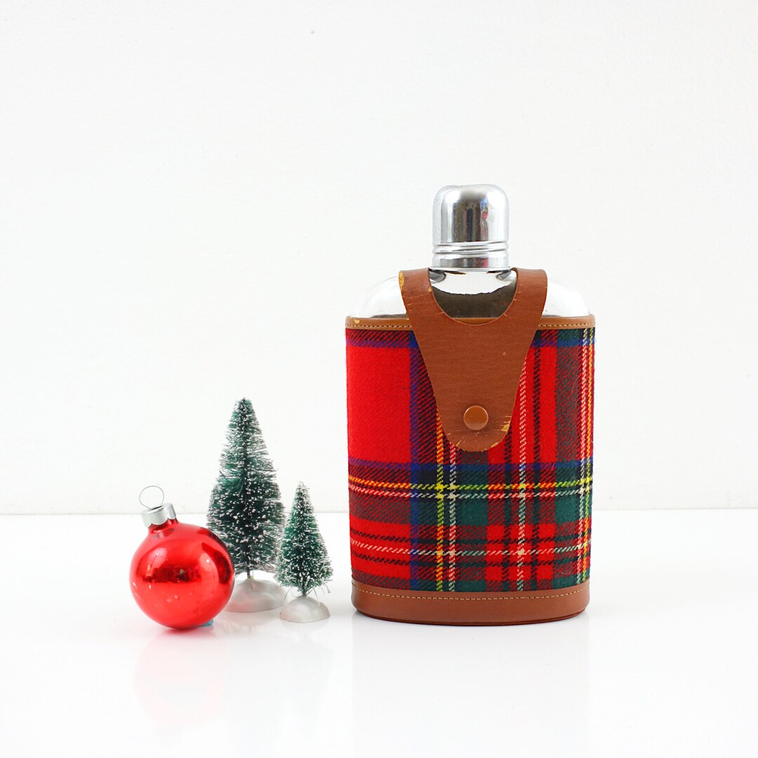 Vintage Glass Travel Flask With Leather & Wool Plaid Sleeve / Vintage ...