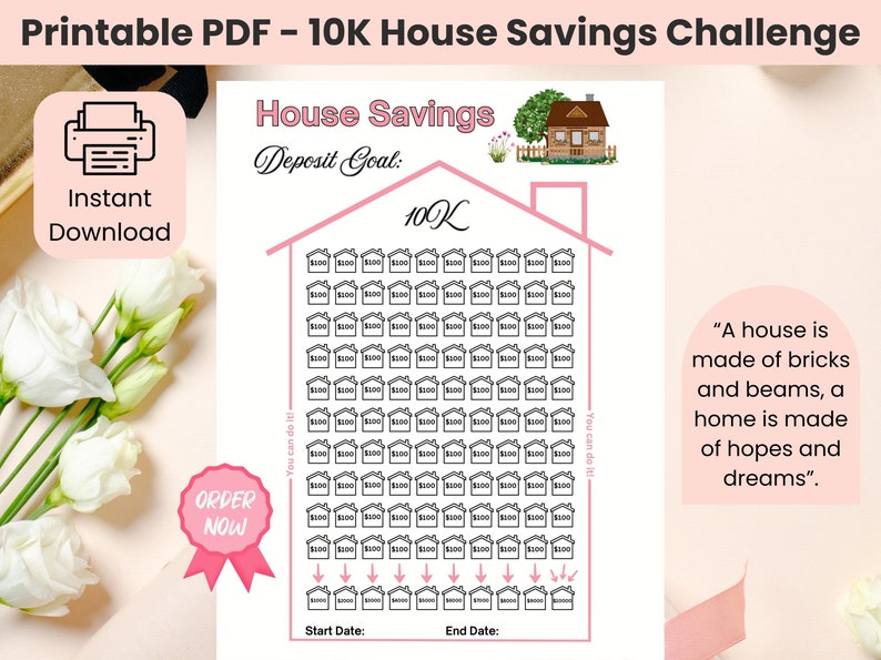 10k House Savings Challenge Printable, Money Saving Trackers, Savings ...