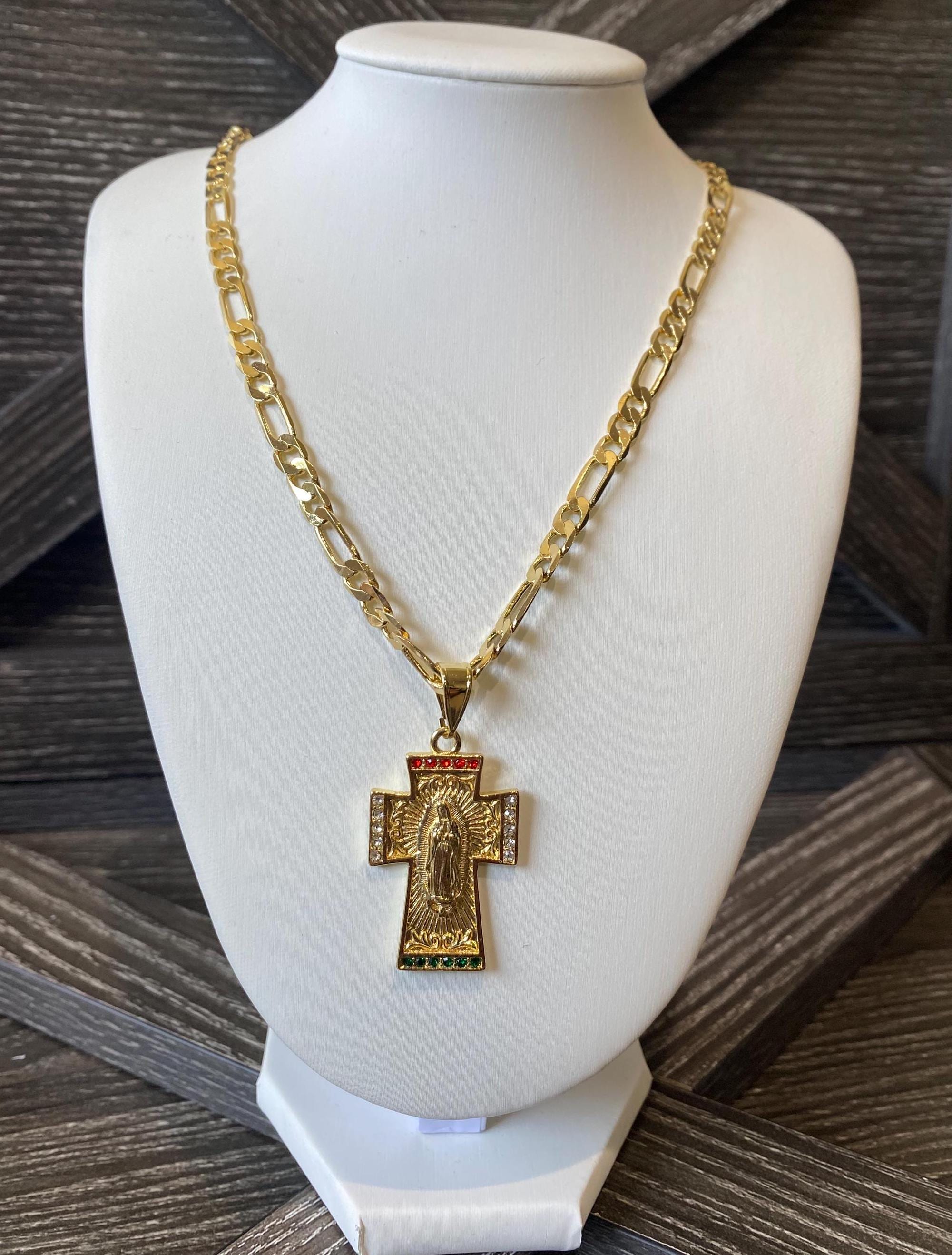 Virgen Mary Gold Cross Necklace and Pendant Virgen Maria Cruz Cadena ...