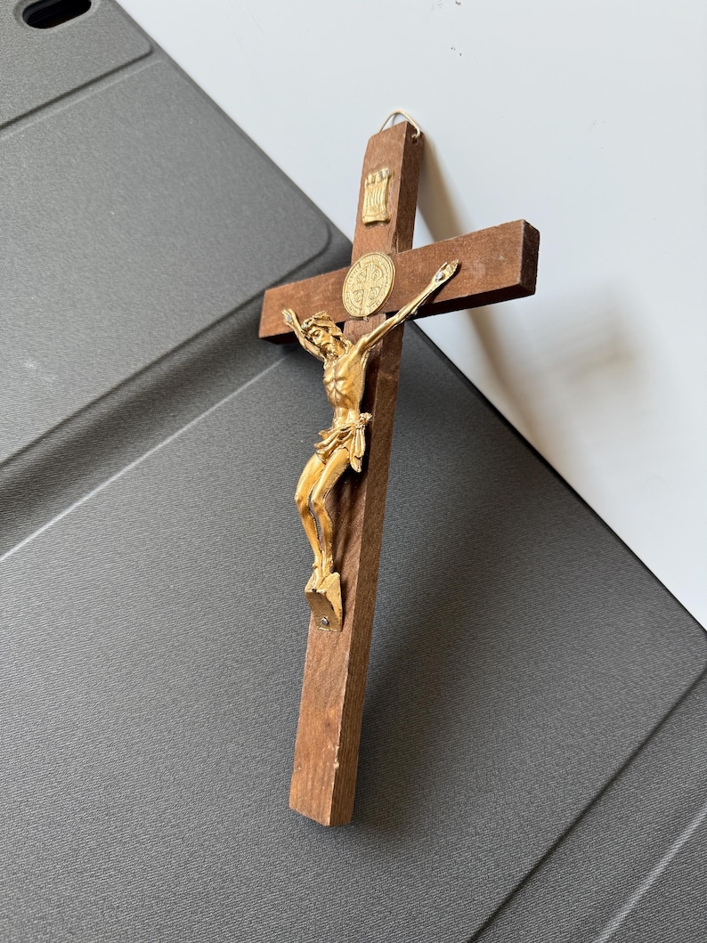Handmade Wood Saint Benedict Crucifix, Gold Tone Jesus - Etsy