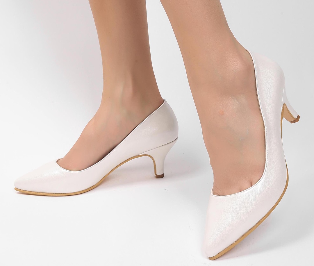 Elegant White Kitten Heel Wedding Pumps Shiny Finish Comfortable ...