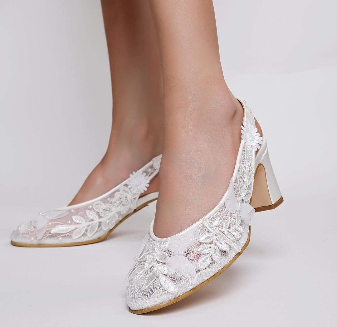 White Floral Embroidered Lace Wedding Shoes : Mid Block Heel Slingbacks ...
