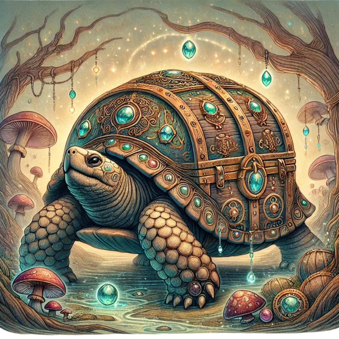 Fantasy Turtle Art | Treasure Chest Shell Illustration | Whimsical ...