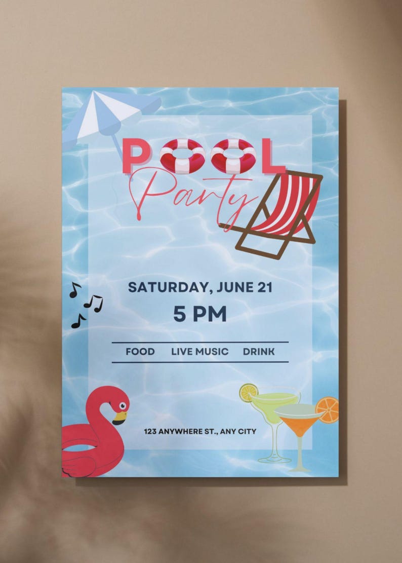 Pool Party Invitation Editable Digital Template, Blue Red Illustrative ...
