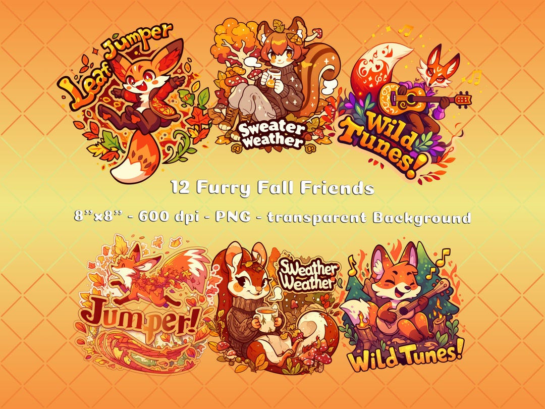 12 Furry Fall Friends PNG Bundle Clipart Autumn Animals Bundle Digital ...