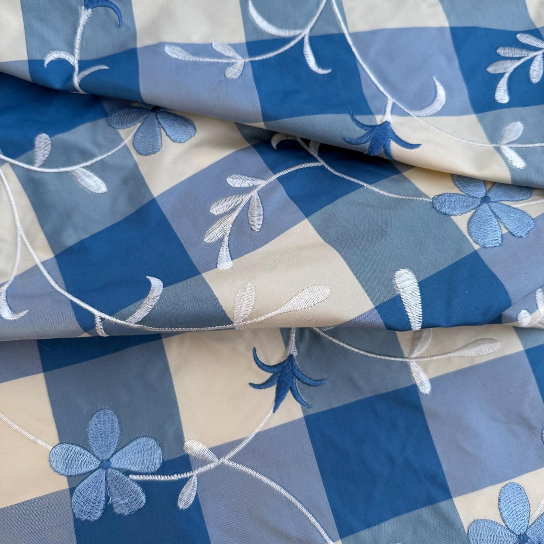 Fabric by the Yard Embroidered Blue/beige Plaid Tafetta 54"x45 ...