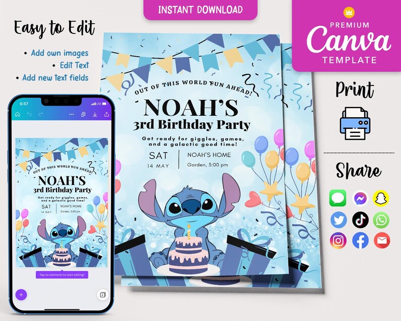 Lilo and Stitch Kids Birthday Invite, Editable Template, Printable Card ...
