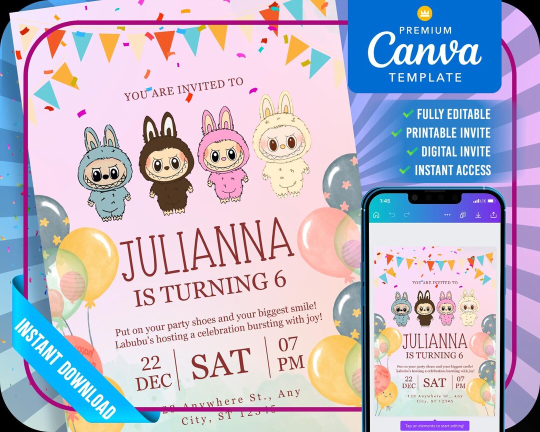 Editable LABUBU Birthday Invitation Monster Theme for Kids Party Custom ...