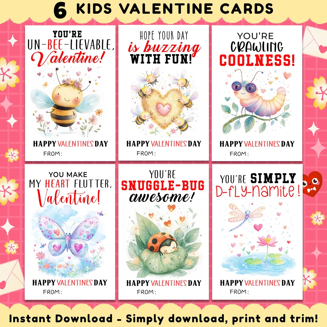 Bugs Valentine Cards for Kids, Kids Valentine Cards, Bug Valentine Tags ...
