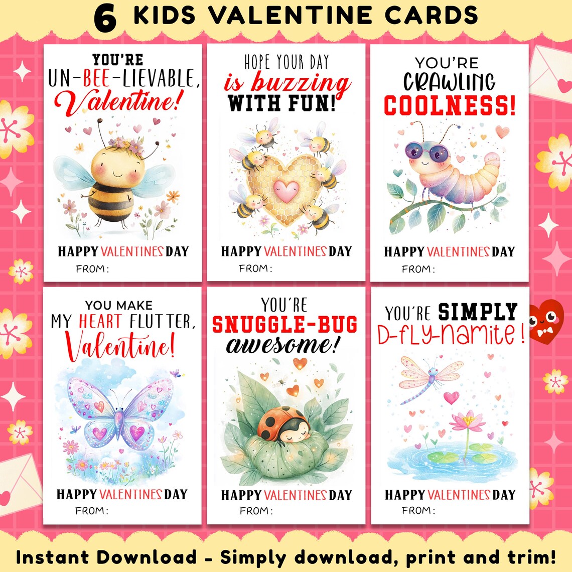 Bugs Valentine Cards for Kids, Kids Valentine Cards, Bug Valentine Tags ...