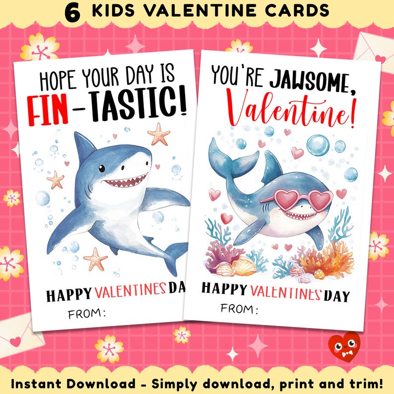 Shark Valentine Cards for Kids, Kids Valentine Cards, Shark Valentine ...