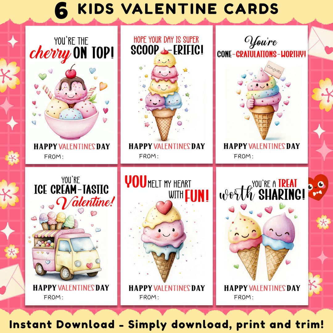 Ice Cream Valentine Cards for Kids, Kids Valentine Cards, Ice Cream ...