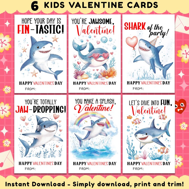 Shark Valentine Cards for Kids, Kids Valentine Cards, Shark Valentine ...