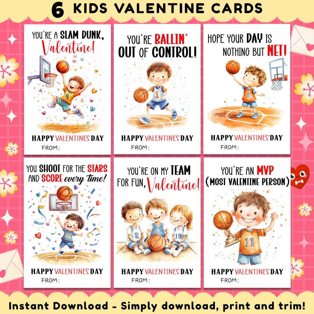 Basketball Valentine Cards for Kids, Kids Valentine Cards, Bball ...