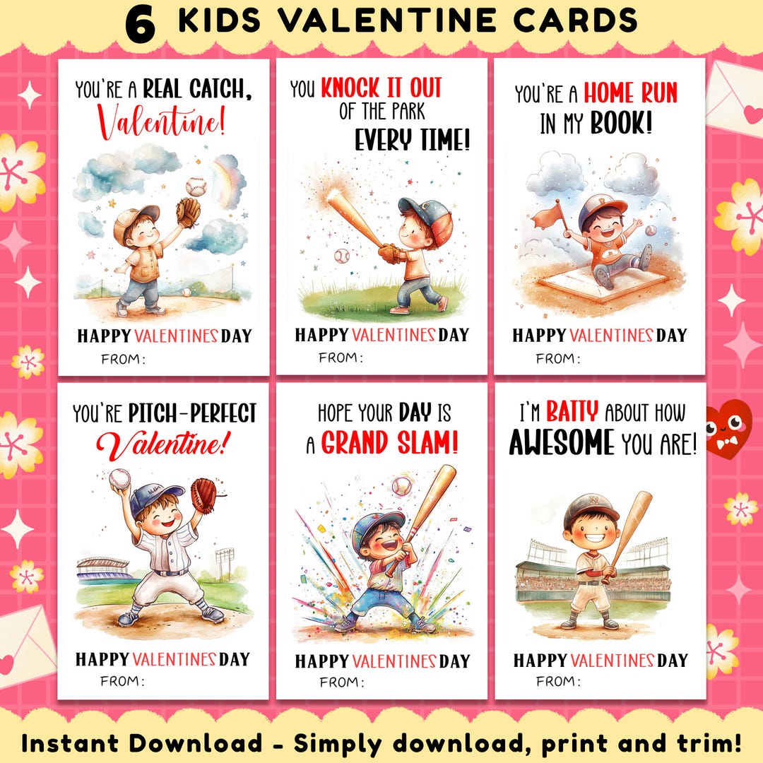Baseball Cards for Kids, Kids Valentine Cards, Baseball Valentine Tags ...