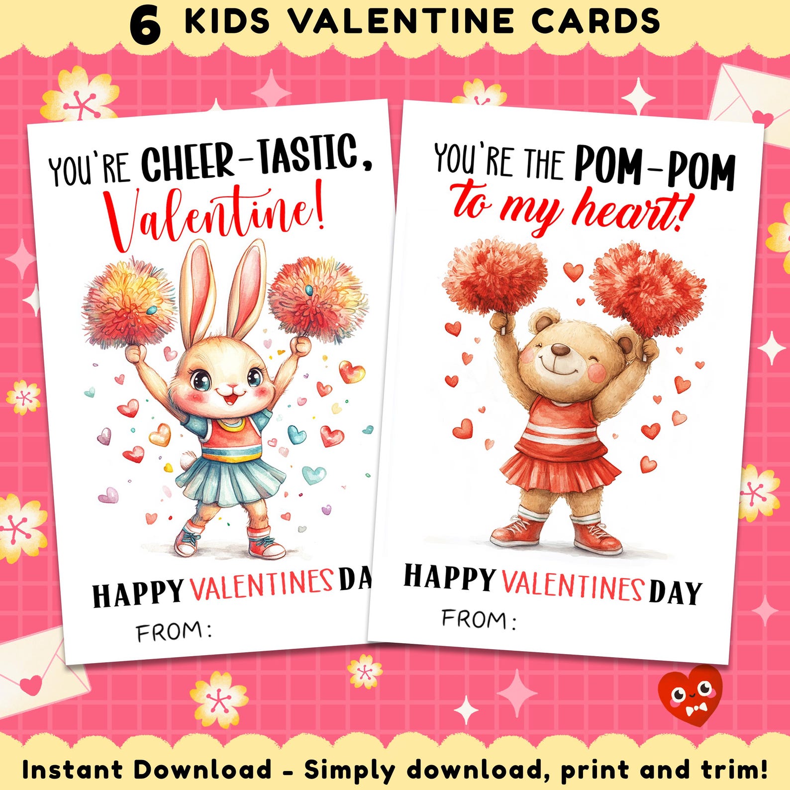 Cheerleading Valentine Cards for Kids, Kids Valentine Cards, Cheerleader Valentine Tags ...