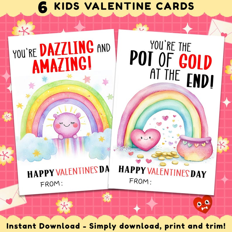 Rainbow Valentine Cards for Kids, Kids Valentine Cards, Rainbow ...