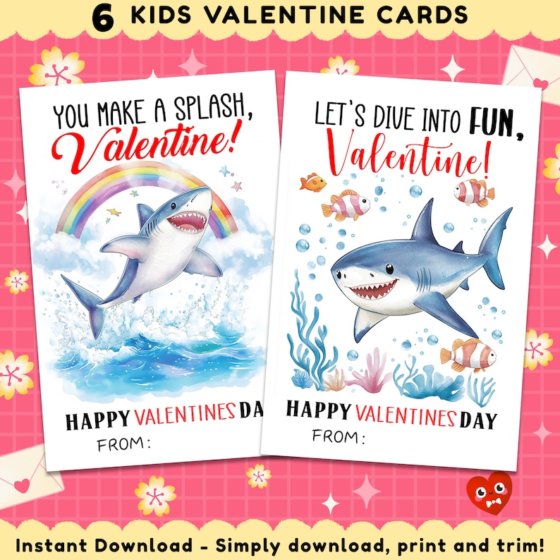 Shark Valentine Cards for Kids, Kids Valentine Cards, Shark Valentine ...