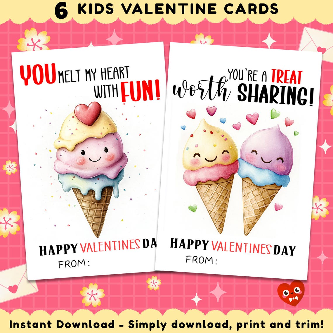 Ice Cream Valentine Cards for Kids, Kids Valentine Cards, Ice Cream ...