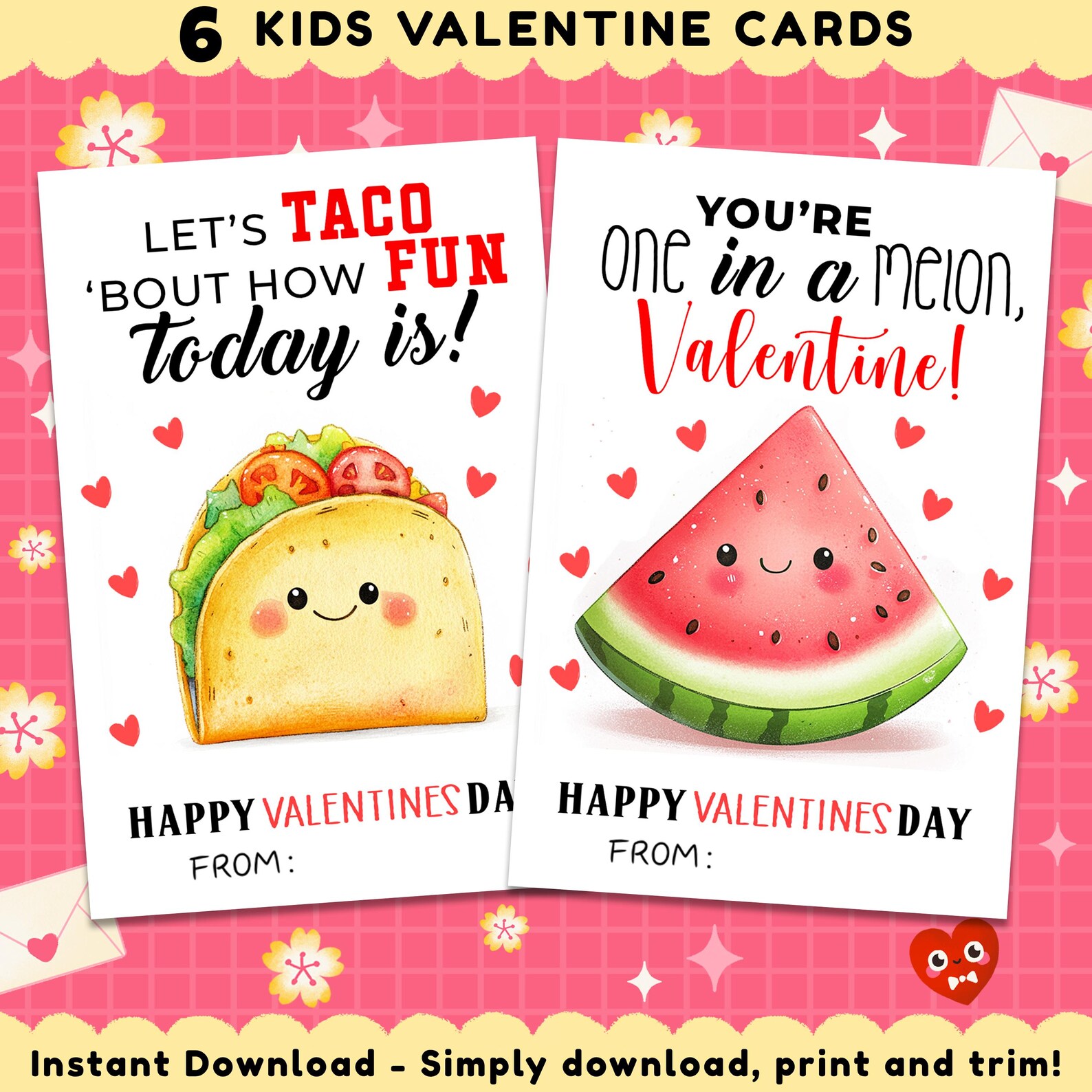 Food Valentine Cards for Kids, Kids Valentine Cards, Food Valentine ...