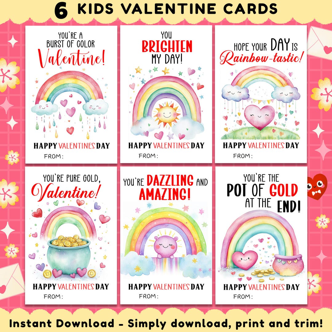 Rainbow Valentine Cards for Kids, Kids Valentine Cards, Rainbow ...