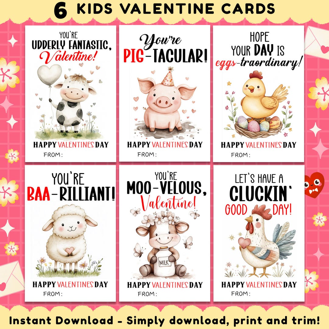 Farm Animal Valentine Cards for Kids, Kids Valentine Cards, Animal ...