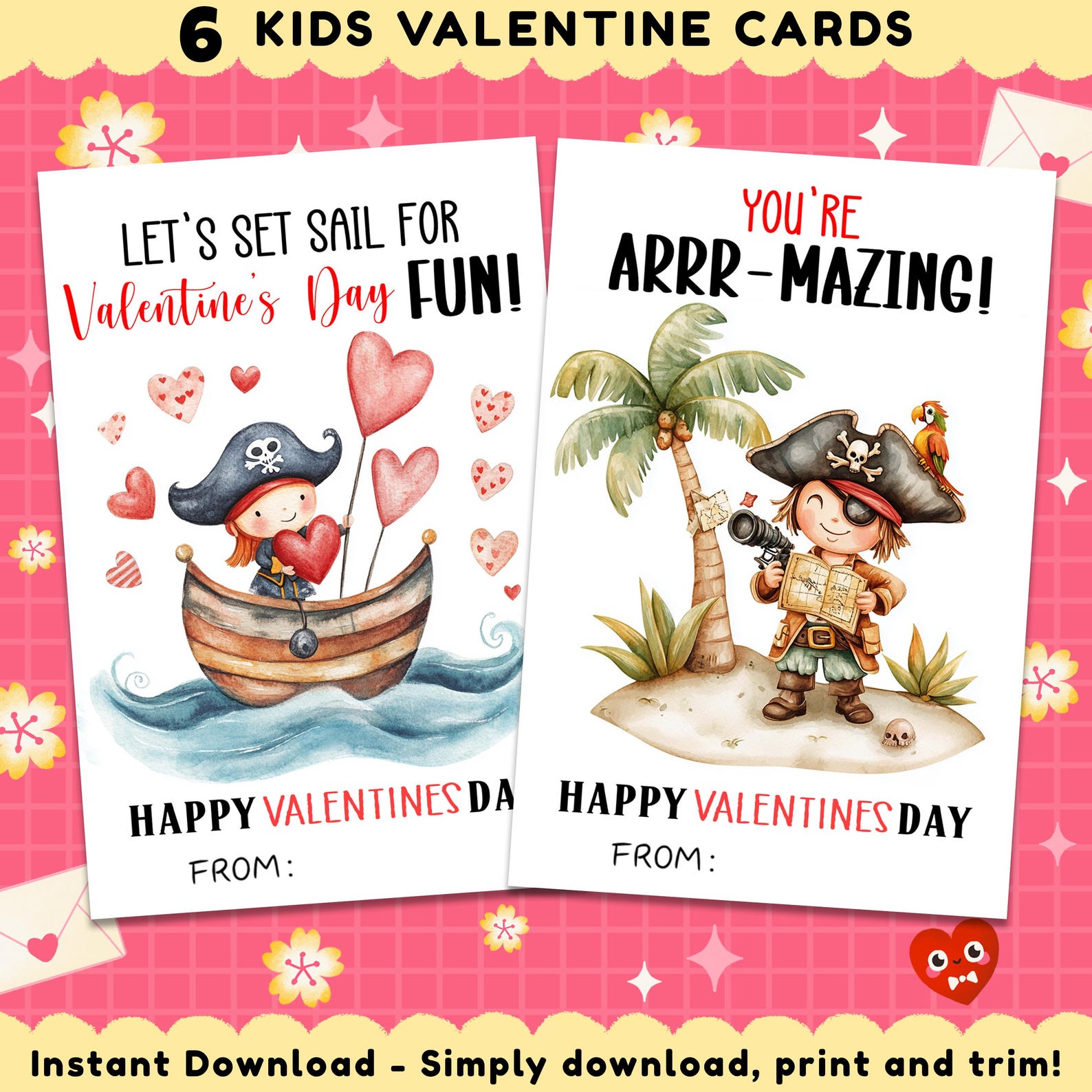 Pirate Valentine Cards for Kids, Kids Valentine Cards, Pirate Valentine ...