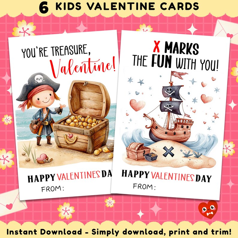 Pirate Valentine Cards for Kids, Kids Valentine Cards, Pirate Valentine ...