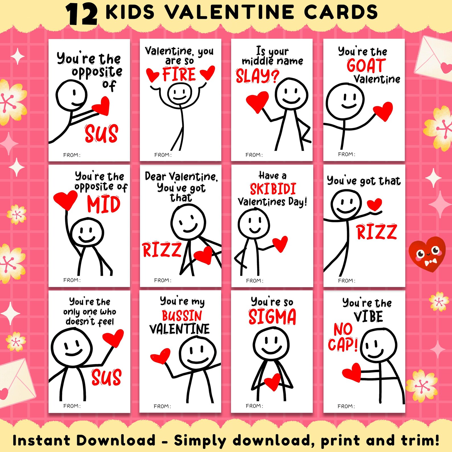 Slang Kids Valentines Day Cards 12 Funny Printable Tween & Teen School ...