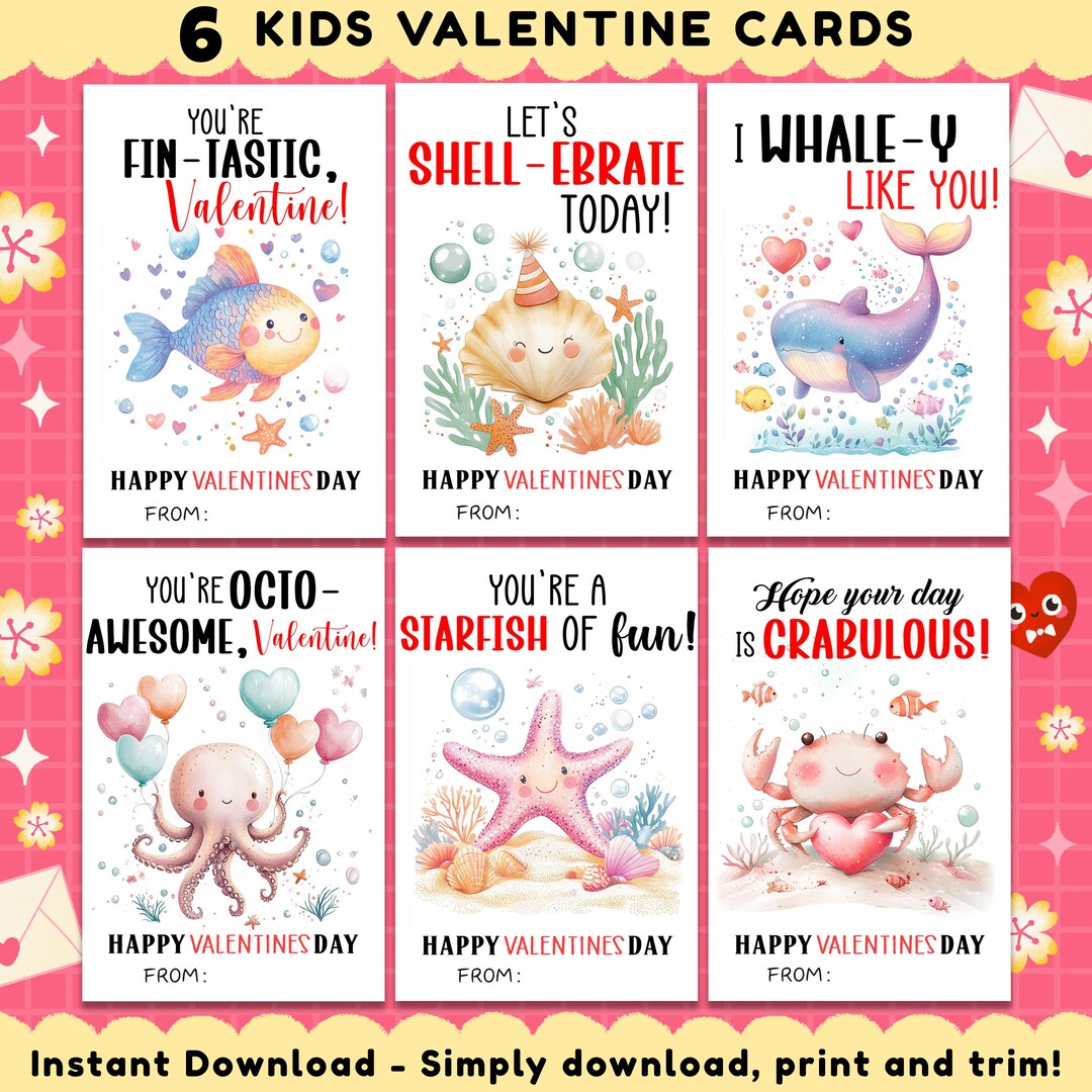 Sea Creature Valentine Cards for Kids, Kids Valentine Cards, Sea ...