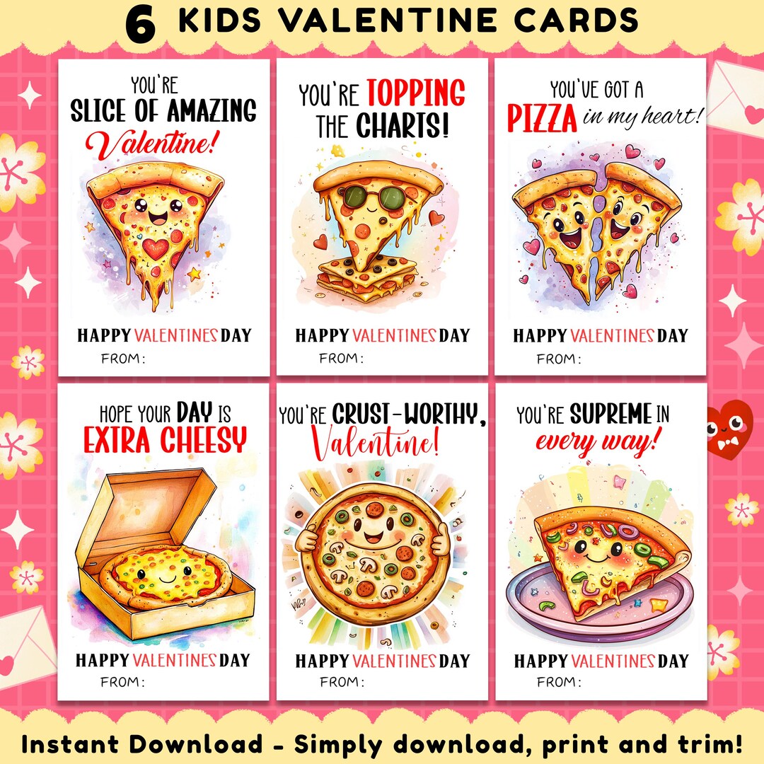 Pizza Valentine Cards for Kids, Kids Valentine Cards, Pizza Valentine ...