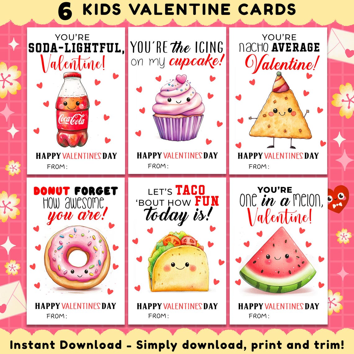 Food Valentine Cards for Kids, Kids Valentine Cards, Food Valentine ...