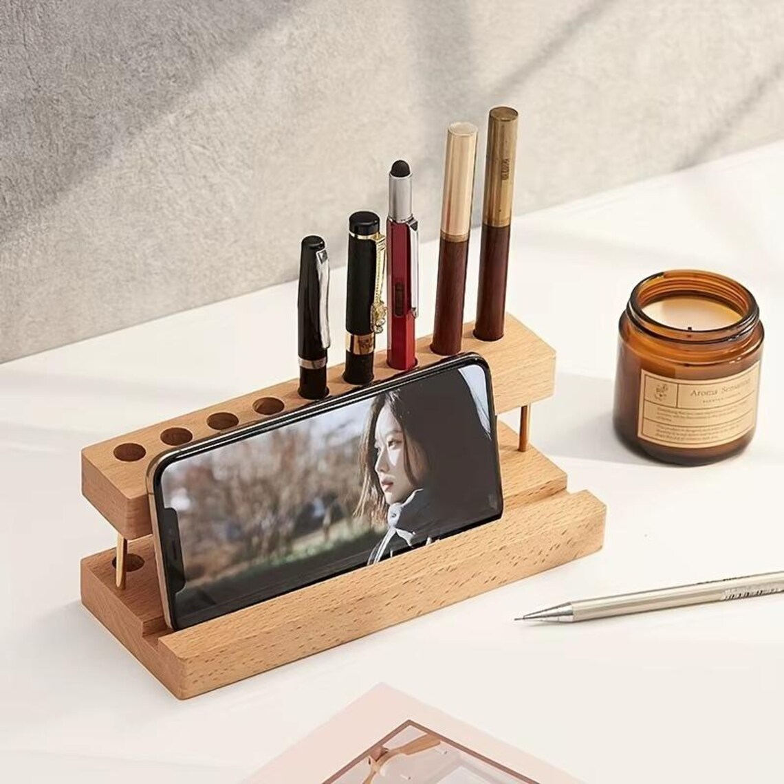 Walnut Wood Desk Organizer: Multifunctional Pen & Phone Stand - Etsy